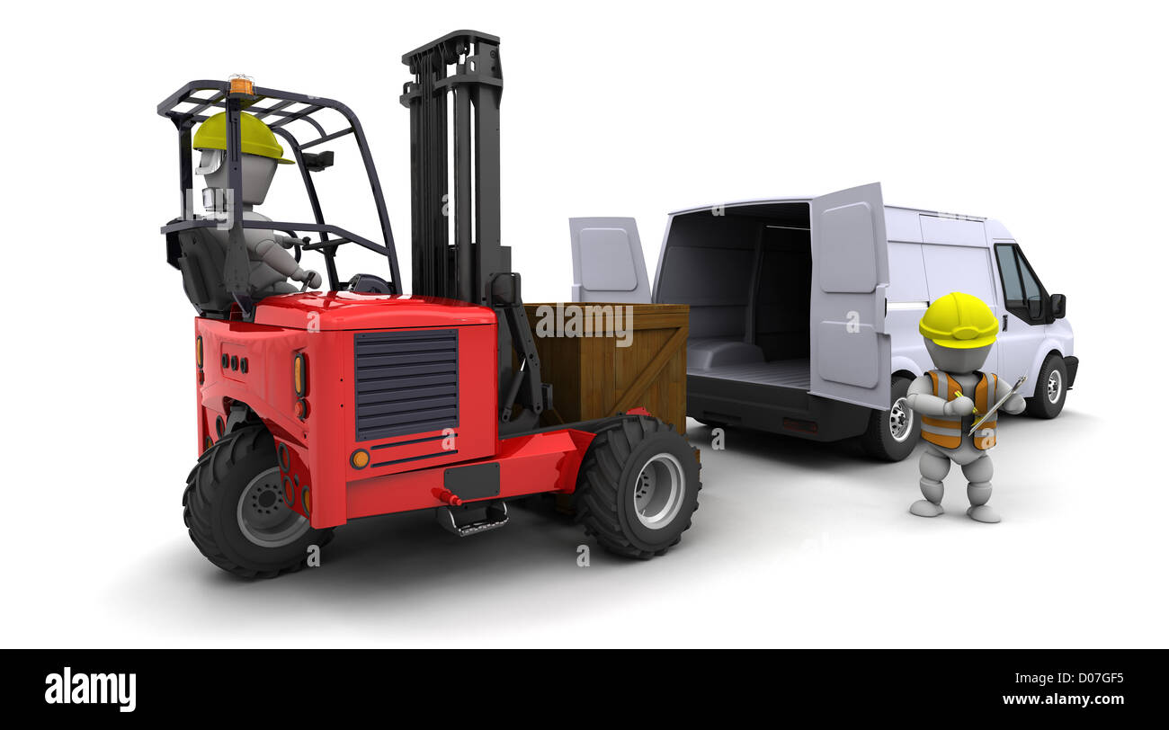 3d render of man in forklift truck loading a van Stock Photo - Alamy