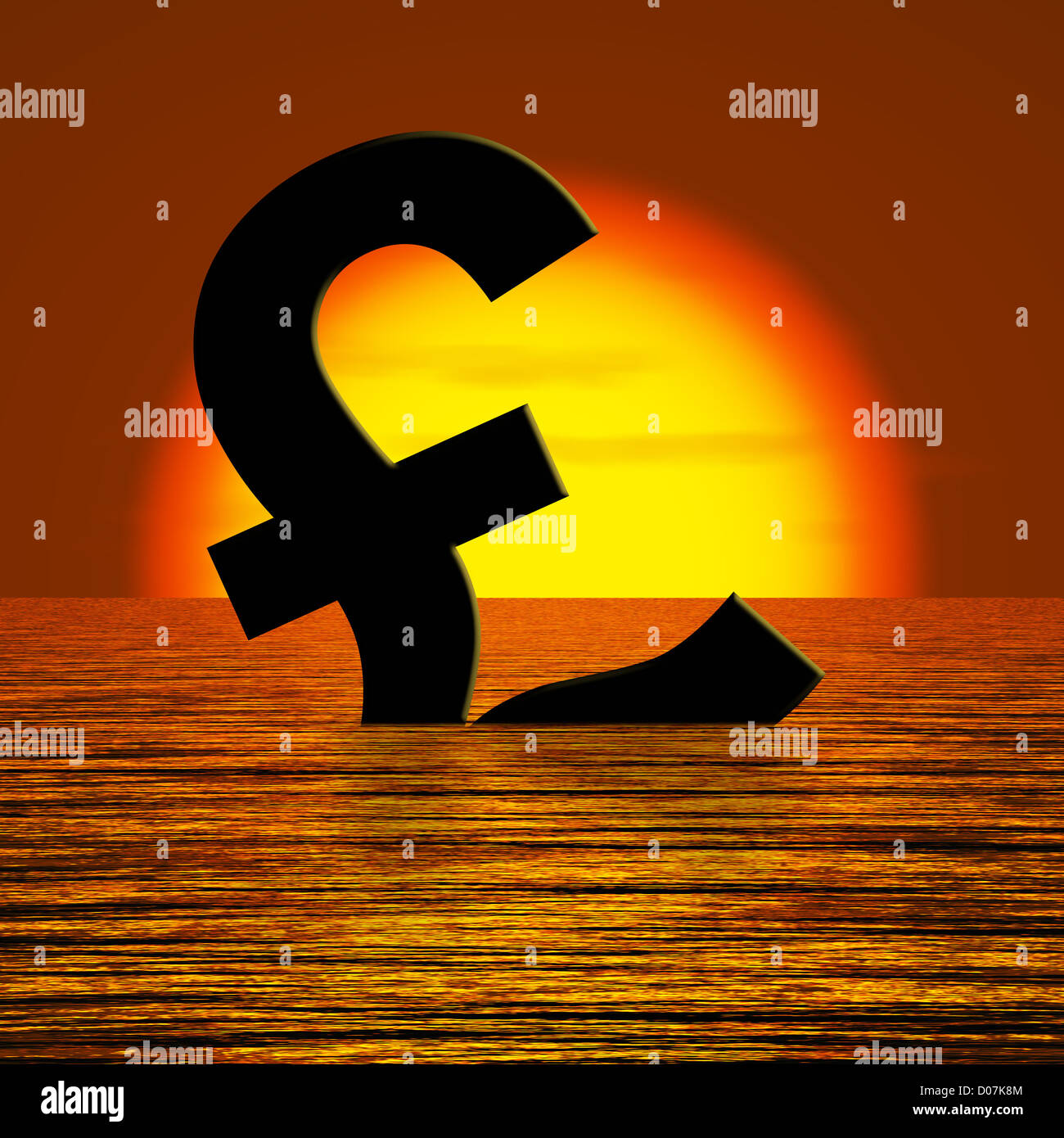Pound symbol Sinking And Sunset Showing Depression Recession And ...