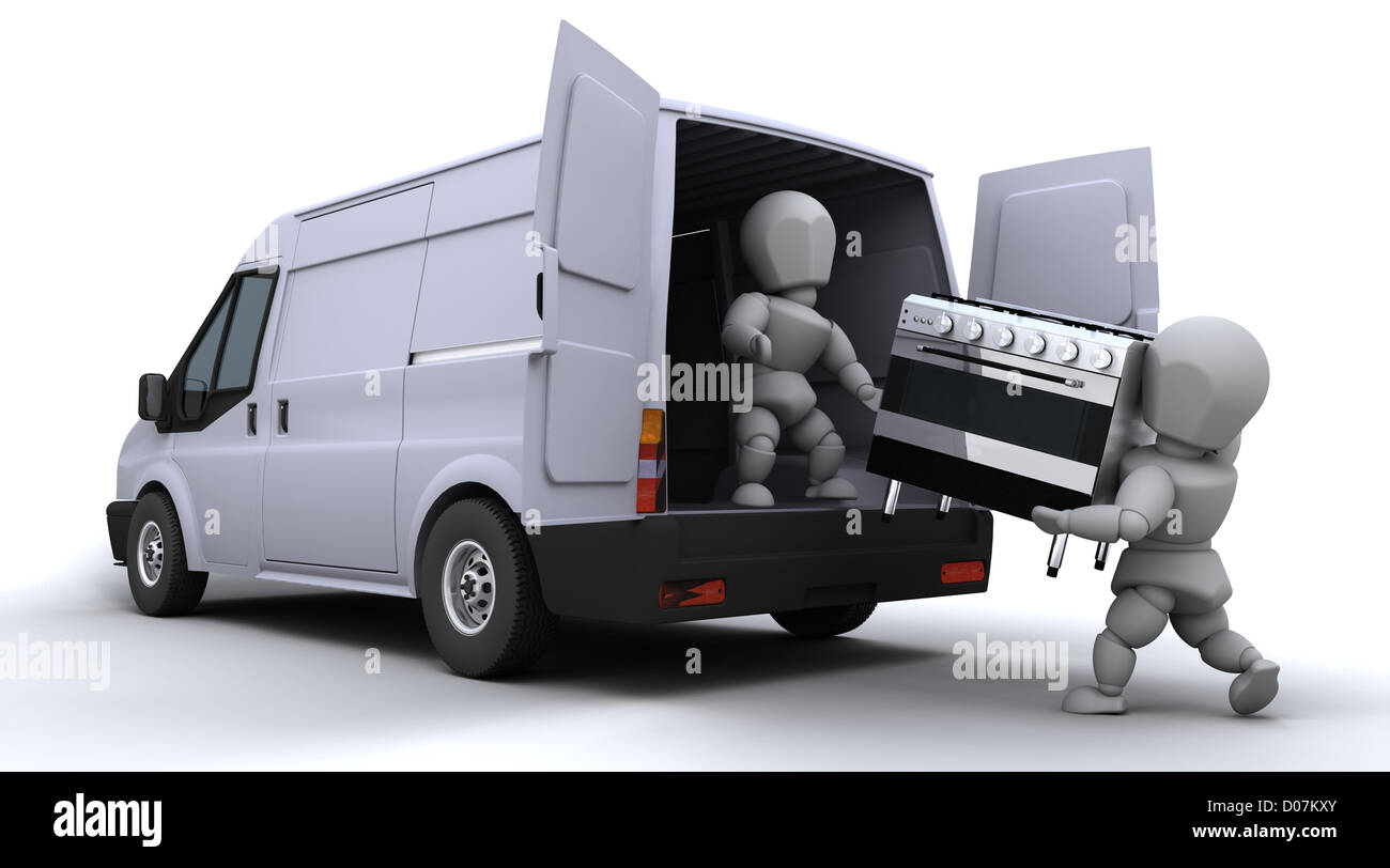 3D render of removal men loading a van Stock Photo - Alamy
