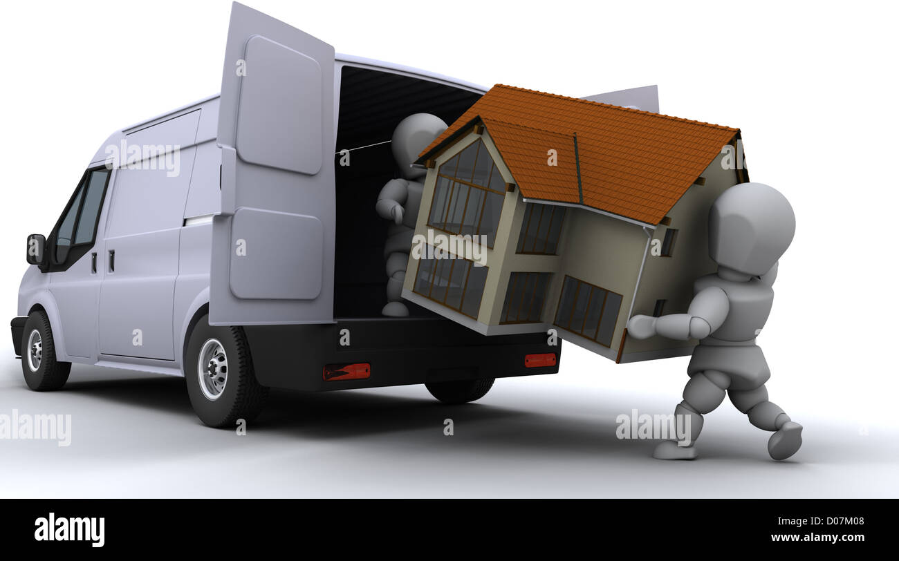 3D render of removal men loading a van Stock Photo - Alamy