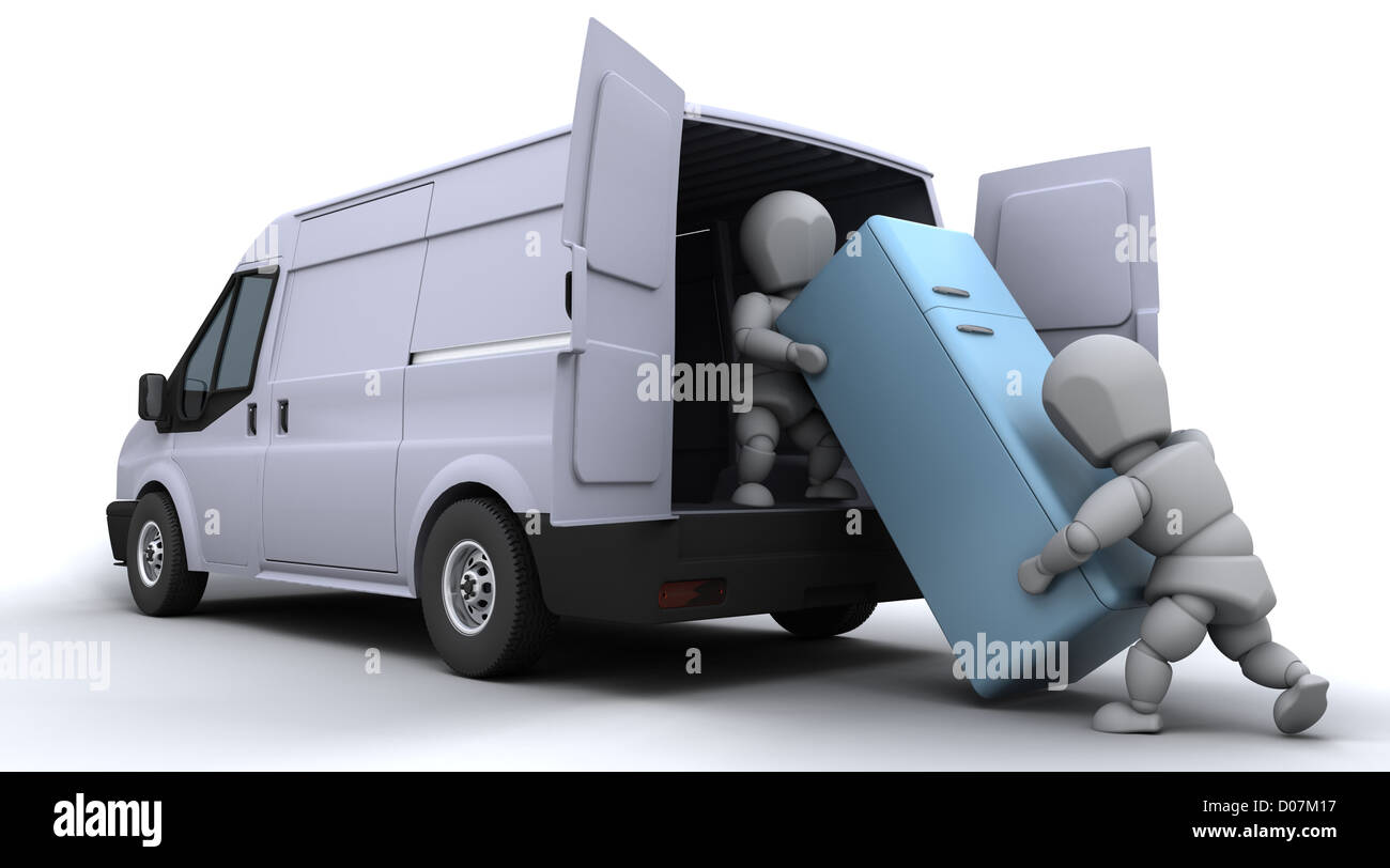 3D render of removal men loading a van Stock Photo - Alamy