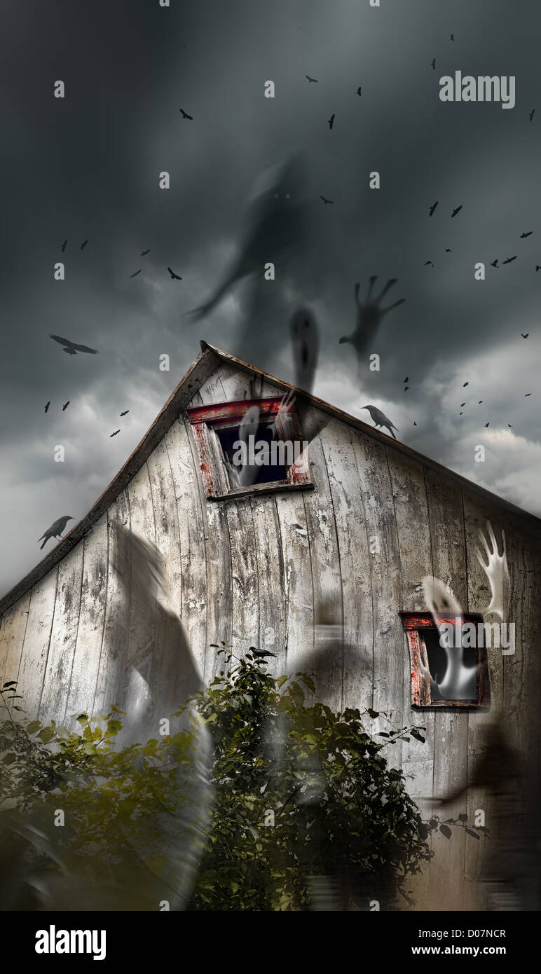Haunted old barn with ghosts flying and dark skies Stock Photo - Alamy