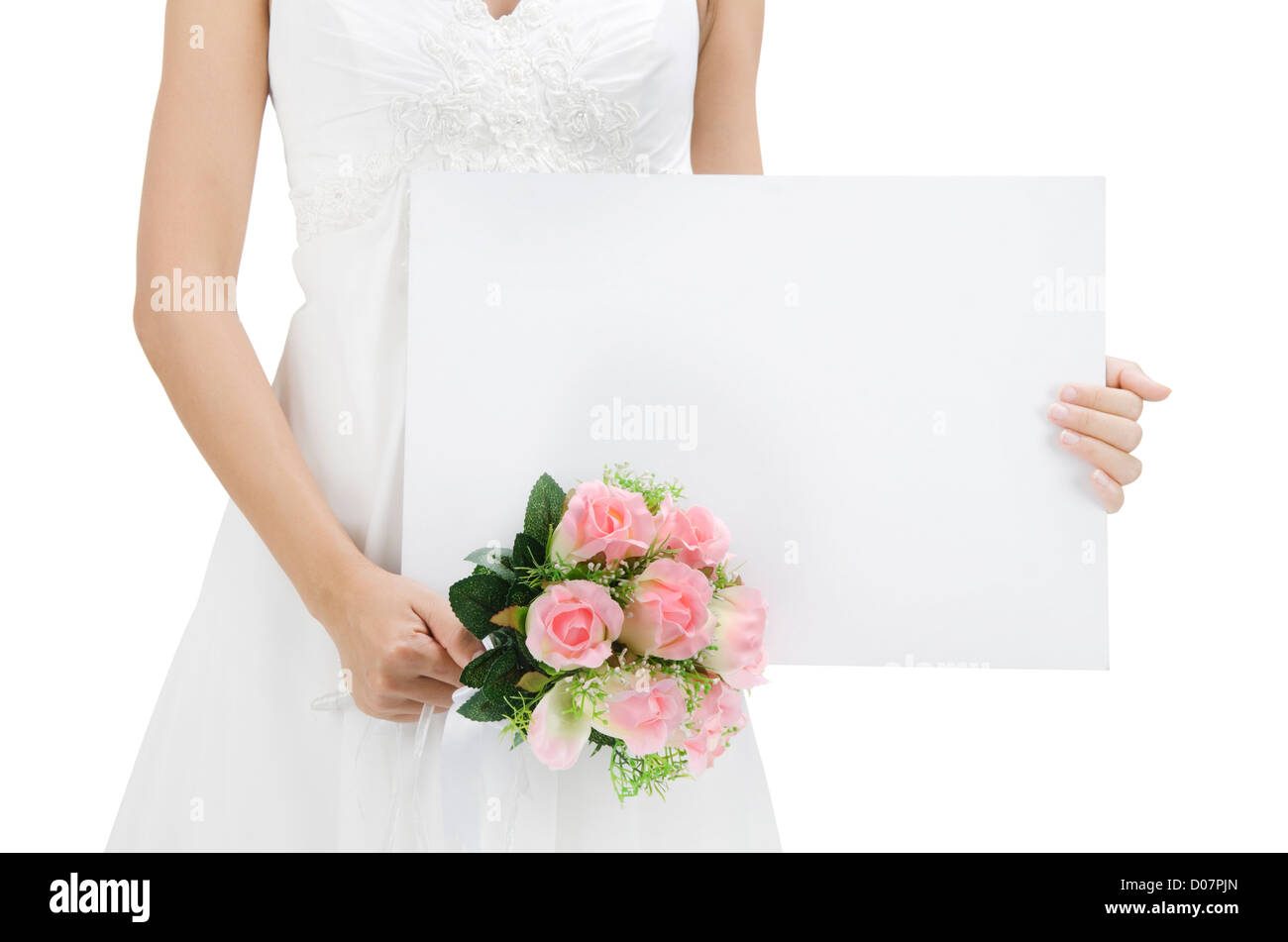 Bride holding a empty white card, ready for text Stock Photo - Alamy