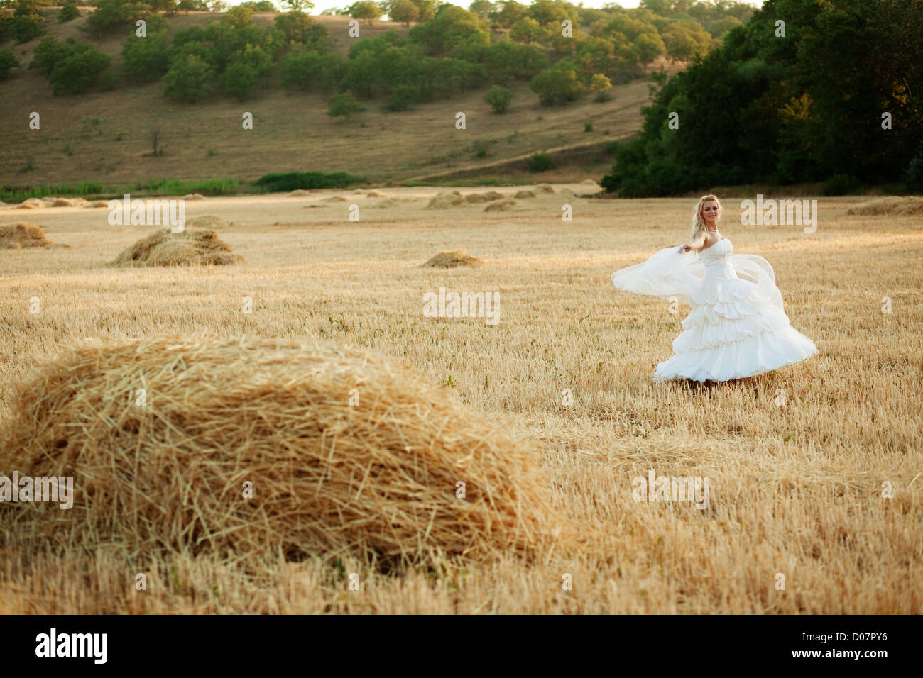 Beautiful bride posing in rural field at her wedding day Stock Photo ...