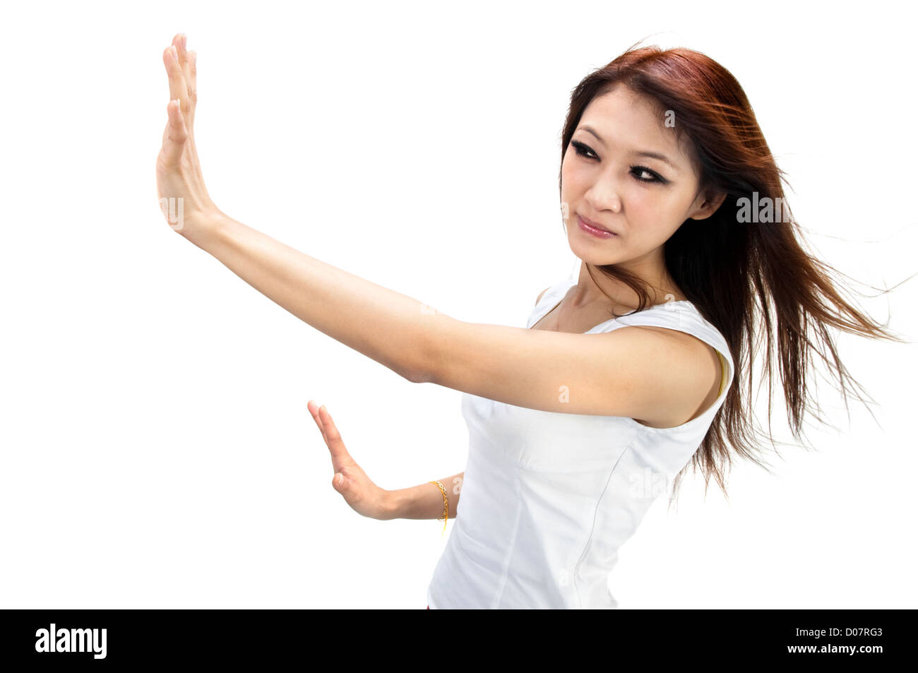 Woman pushing against something (whatever you want to add Stock Photo ...