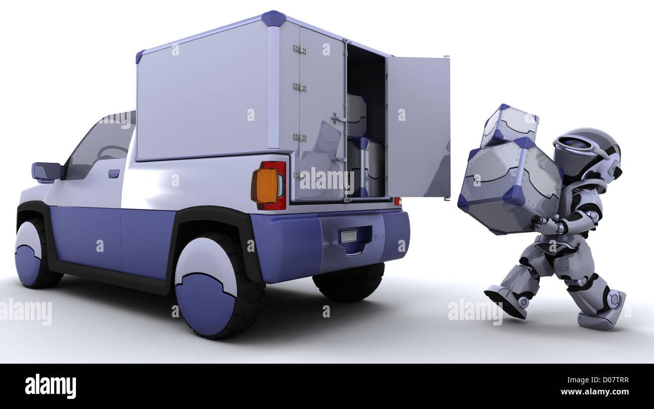 3D render of robot loading boxes into the back of a truck Stock Photo ...
