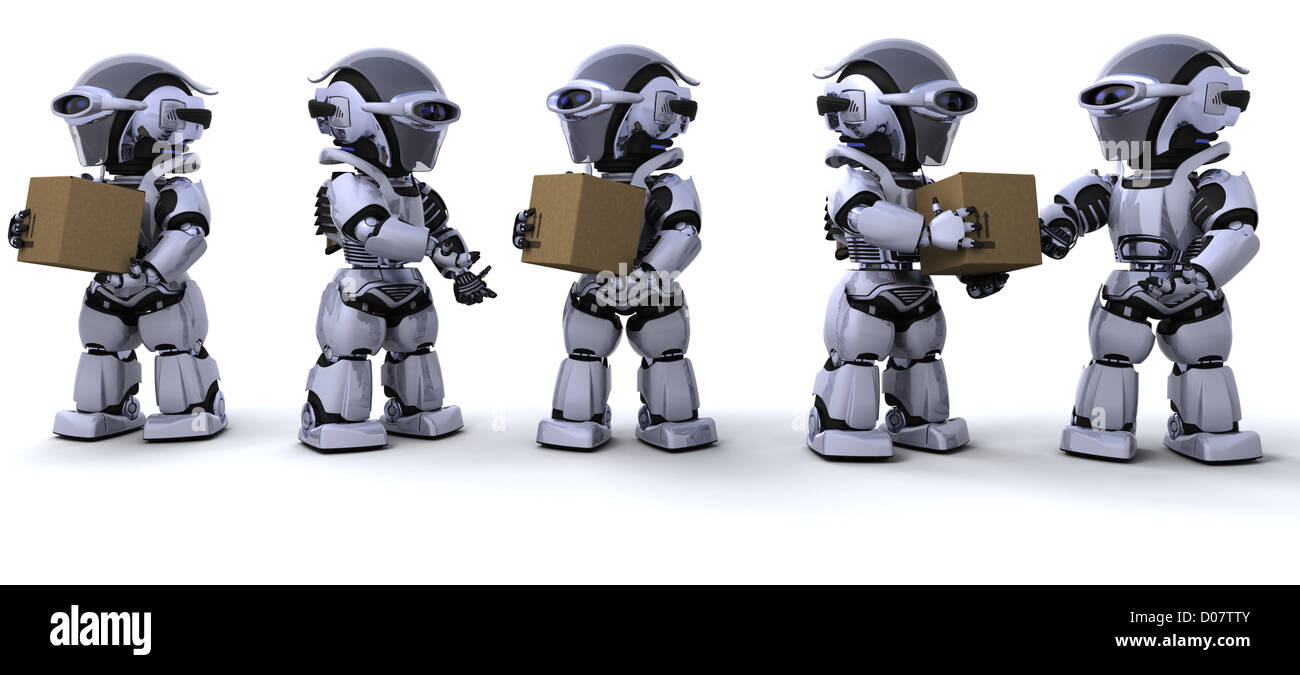 3D render of a robots moving shipping boxes Stock Photo - Alamy