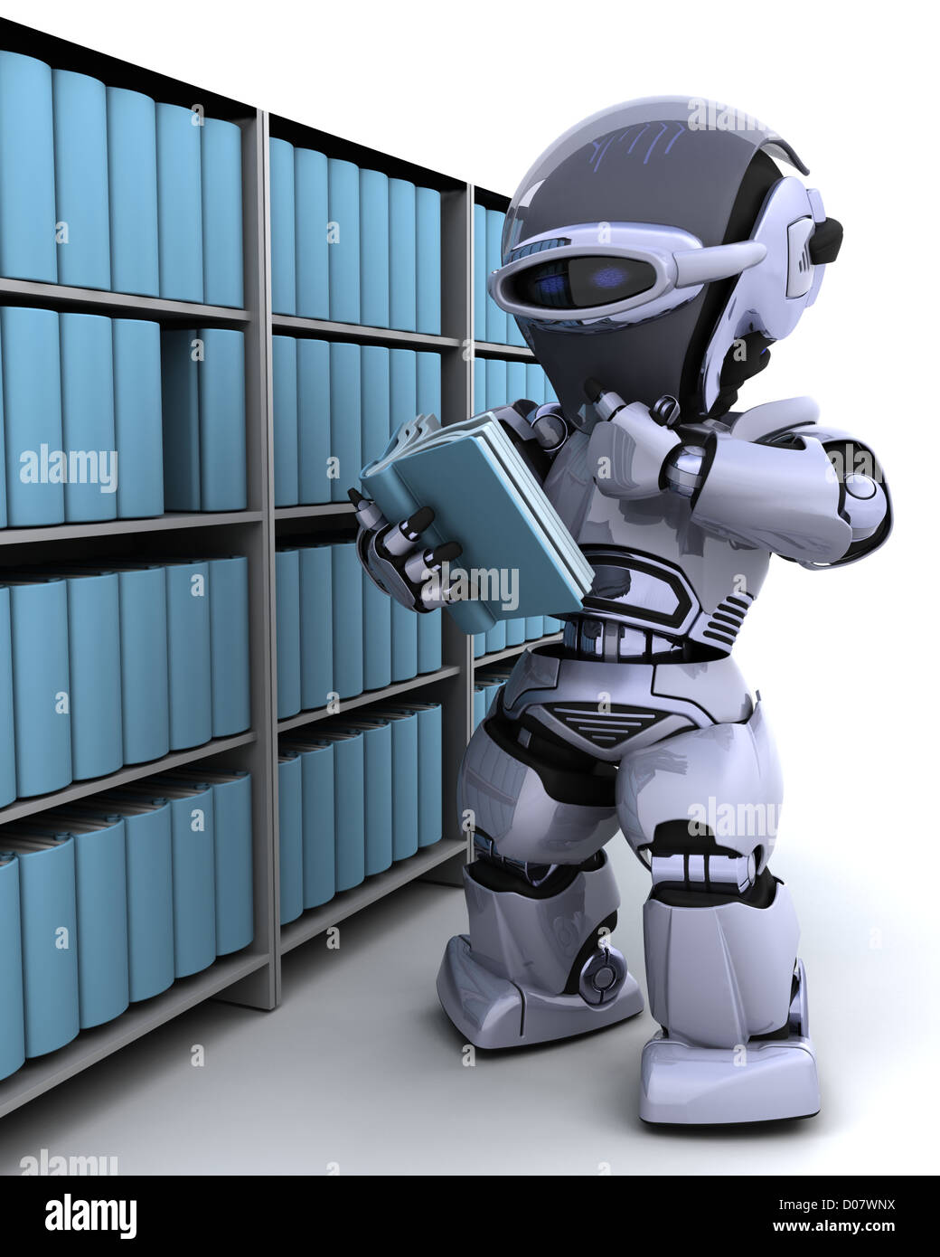 3D Render of robot at bookshelf Stock Photo - Alamy