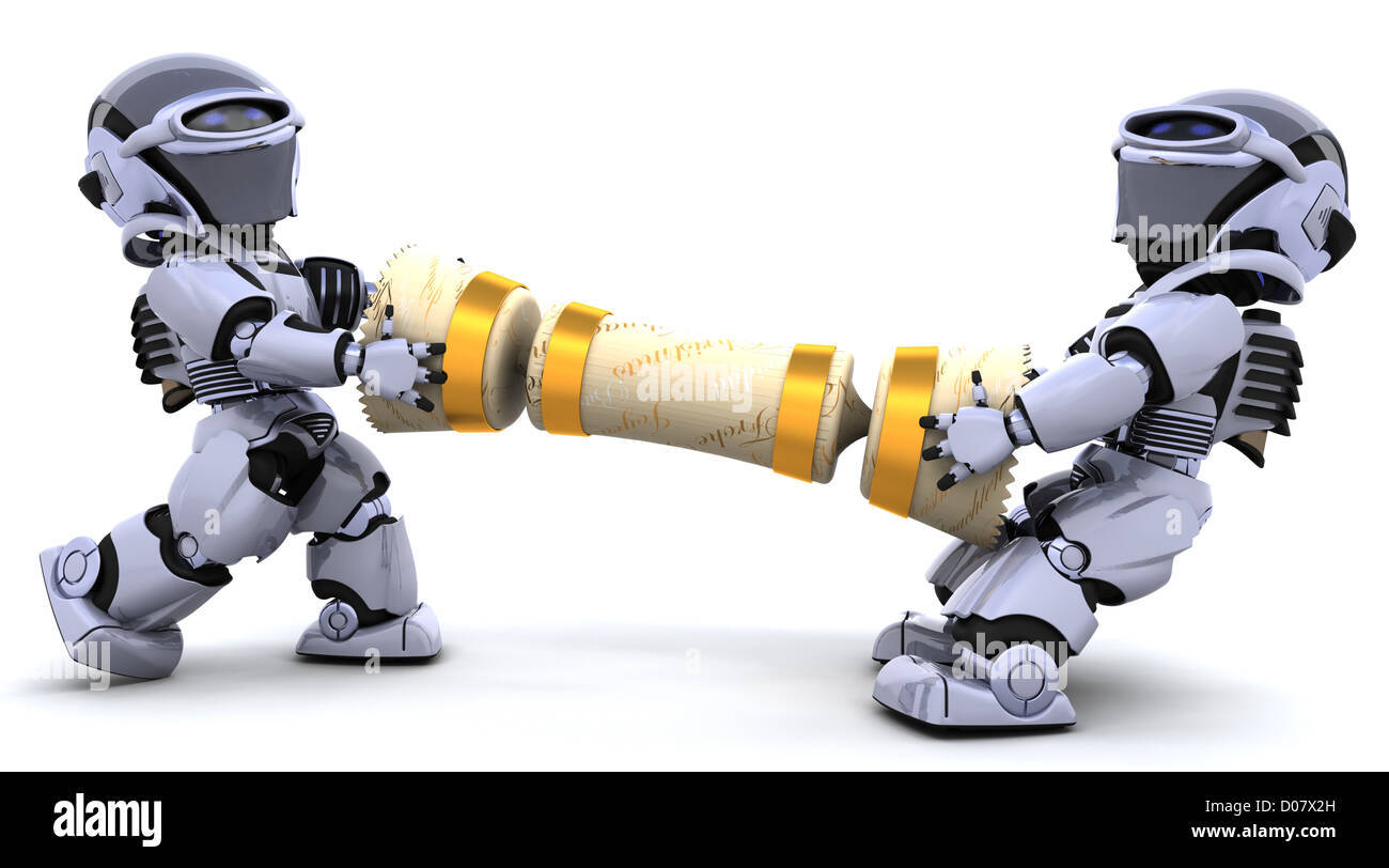 3D render of robots pulling on a christmas cracker Stock Photo - Alamy