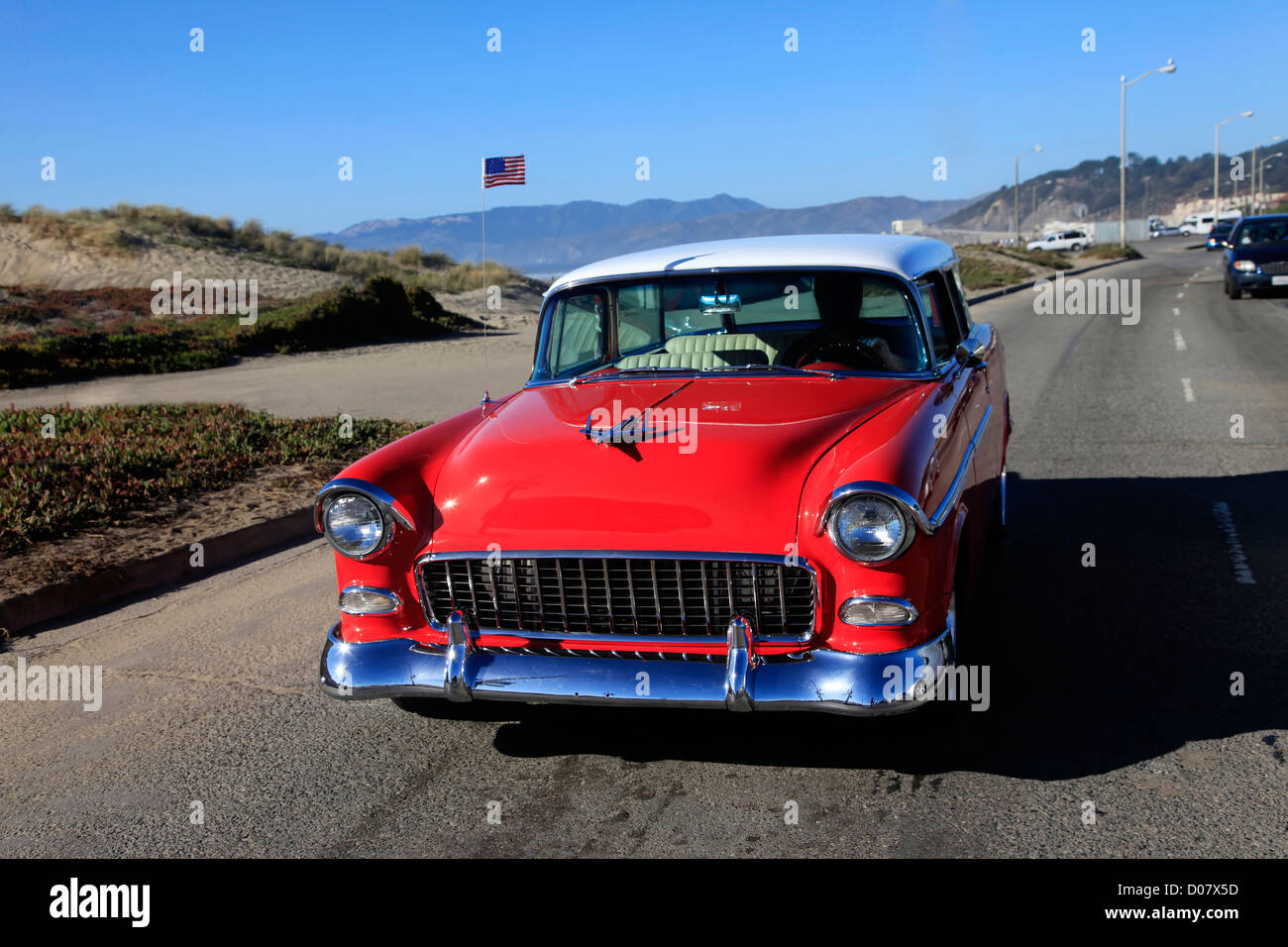 Red retro car on road San Francisco Stock Photo - Alamy