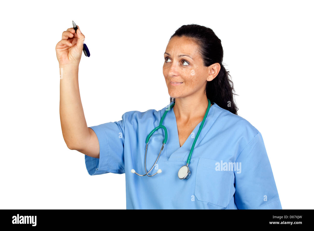 Attractive brunette doctor writing something isolated on a over white ...