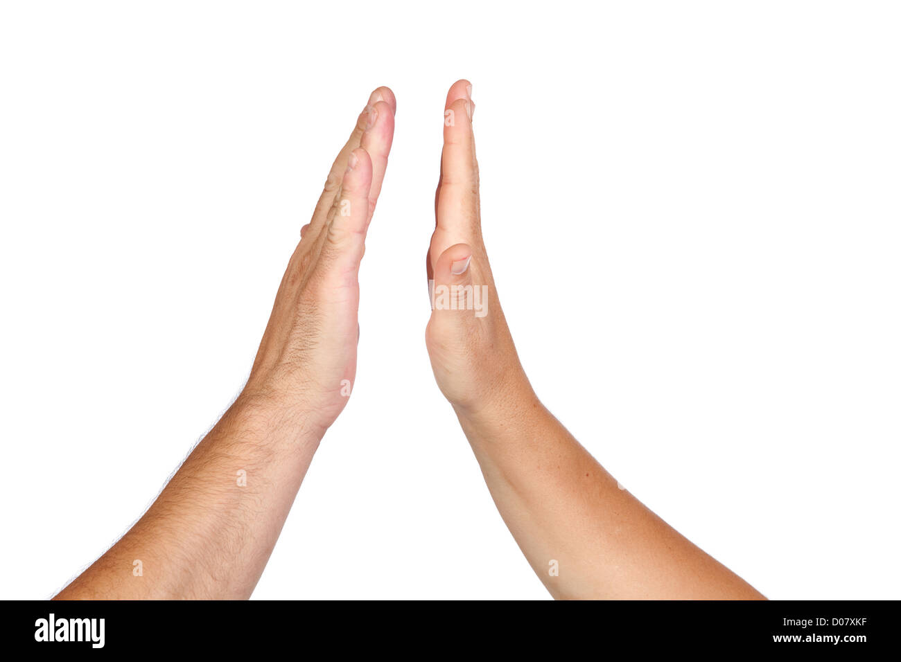 Two hands male and female symbolizing union isolated on white ...