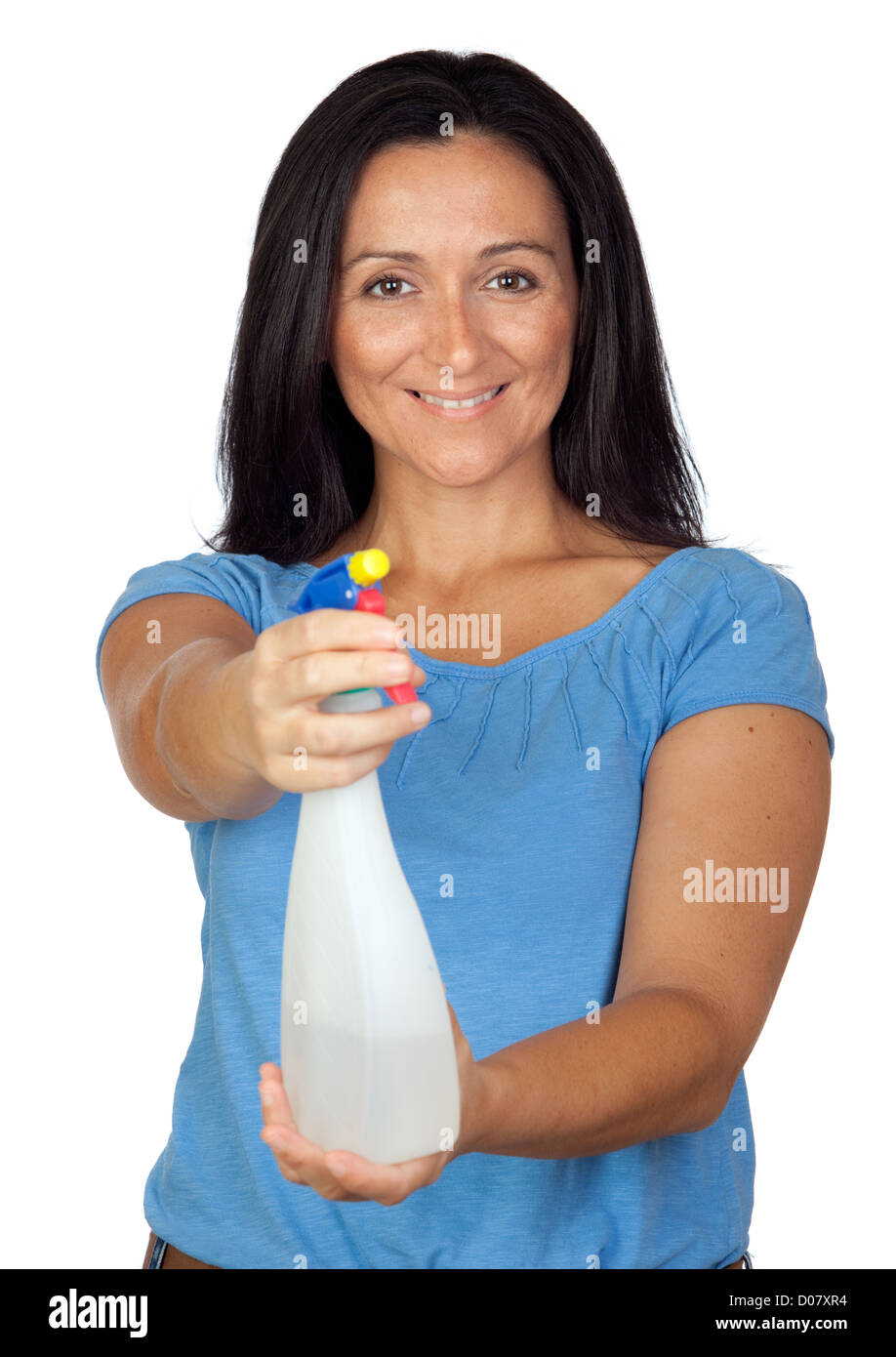 Adorable housewife with diffuser making cleaning isolated on white ...