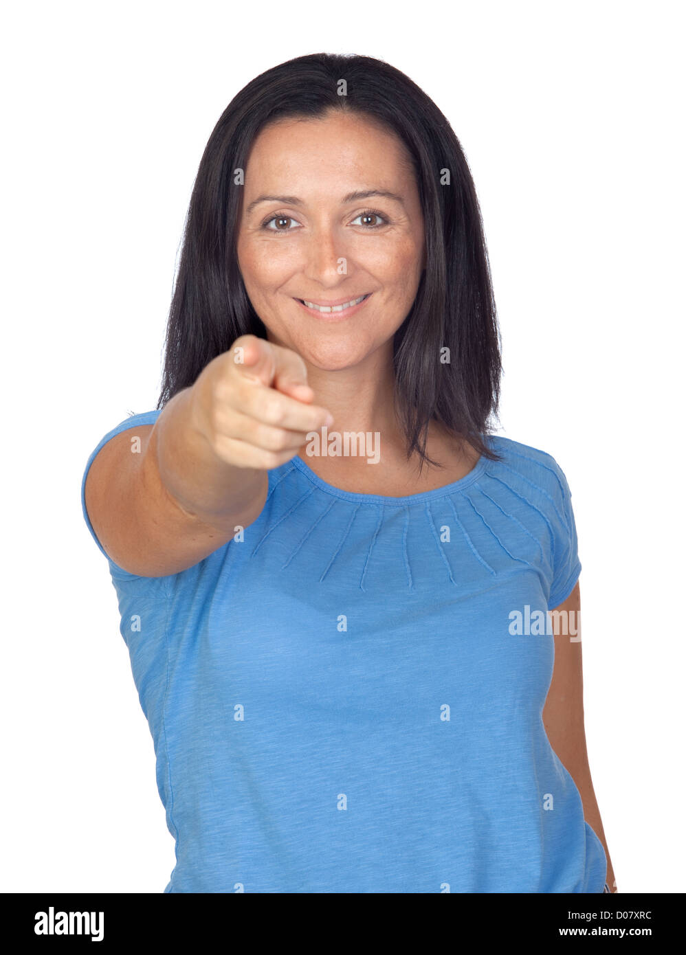 Adorable woman pointing to the front isolated on a over white ...