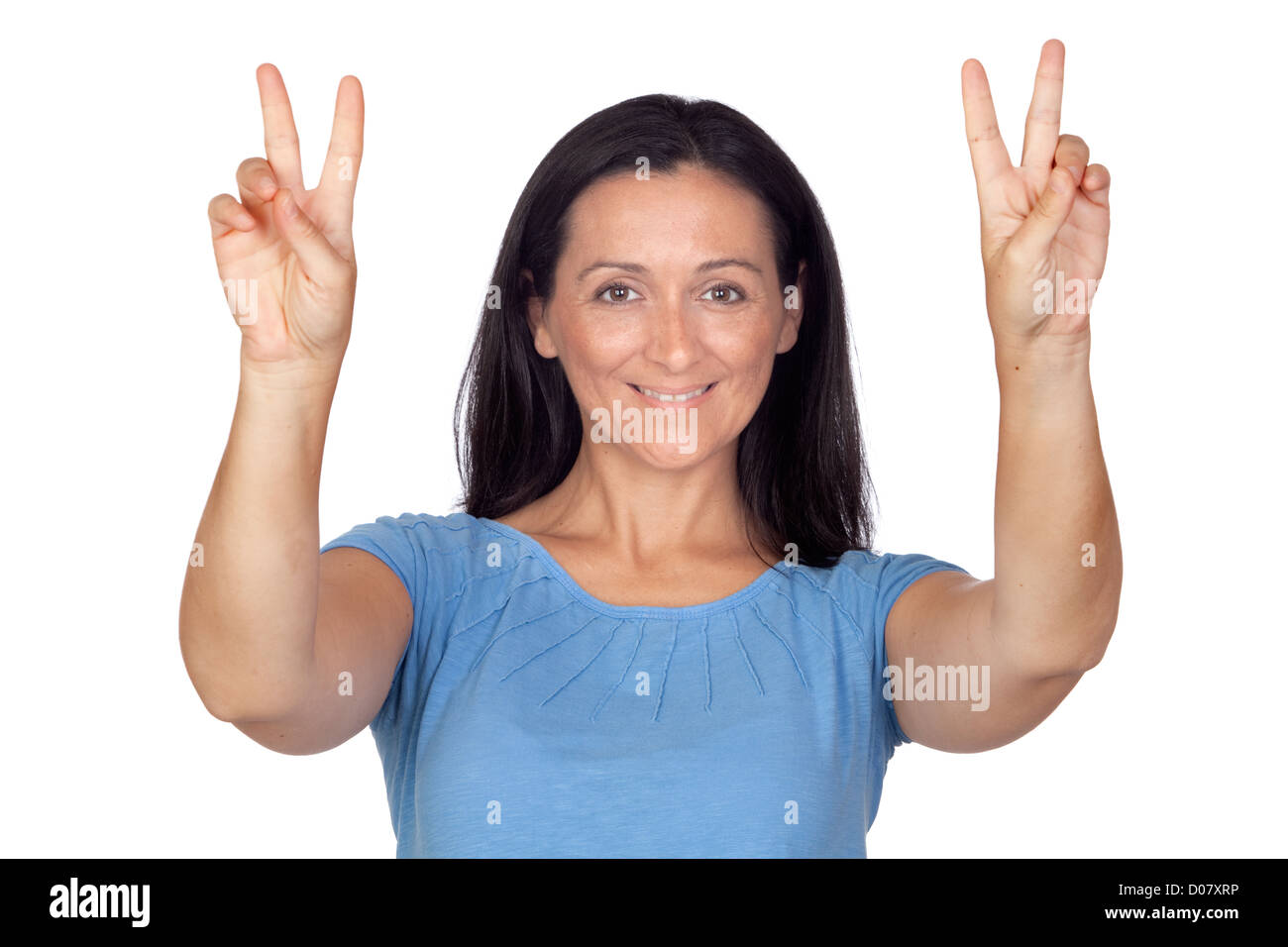Women making the symbol of victory isolated on a over white background ...