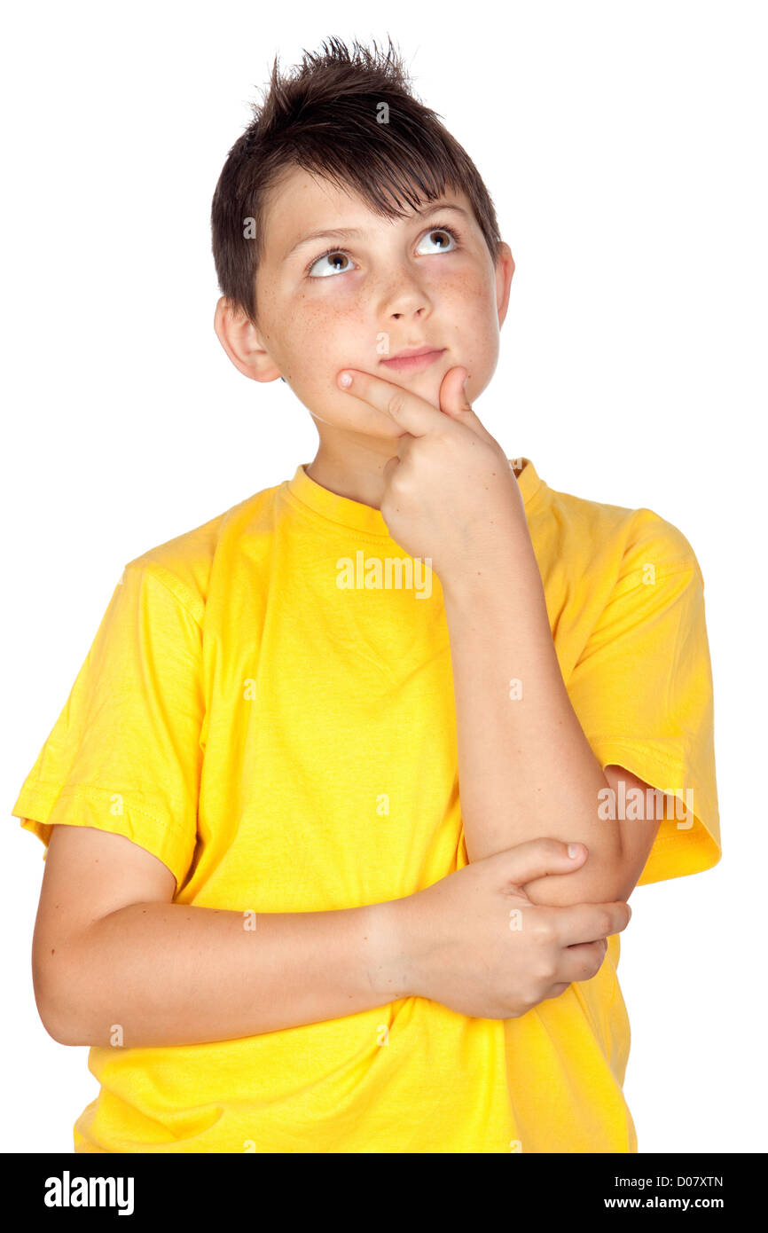 Pensive child with yellow t-shirt isolated on white background Stock ...