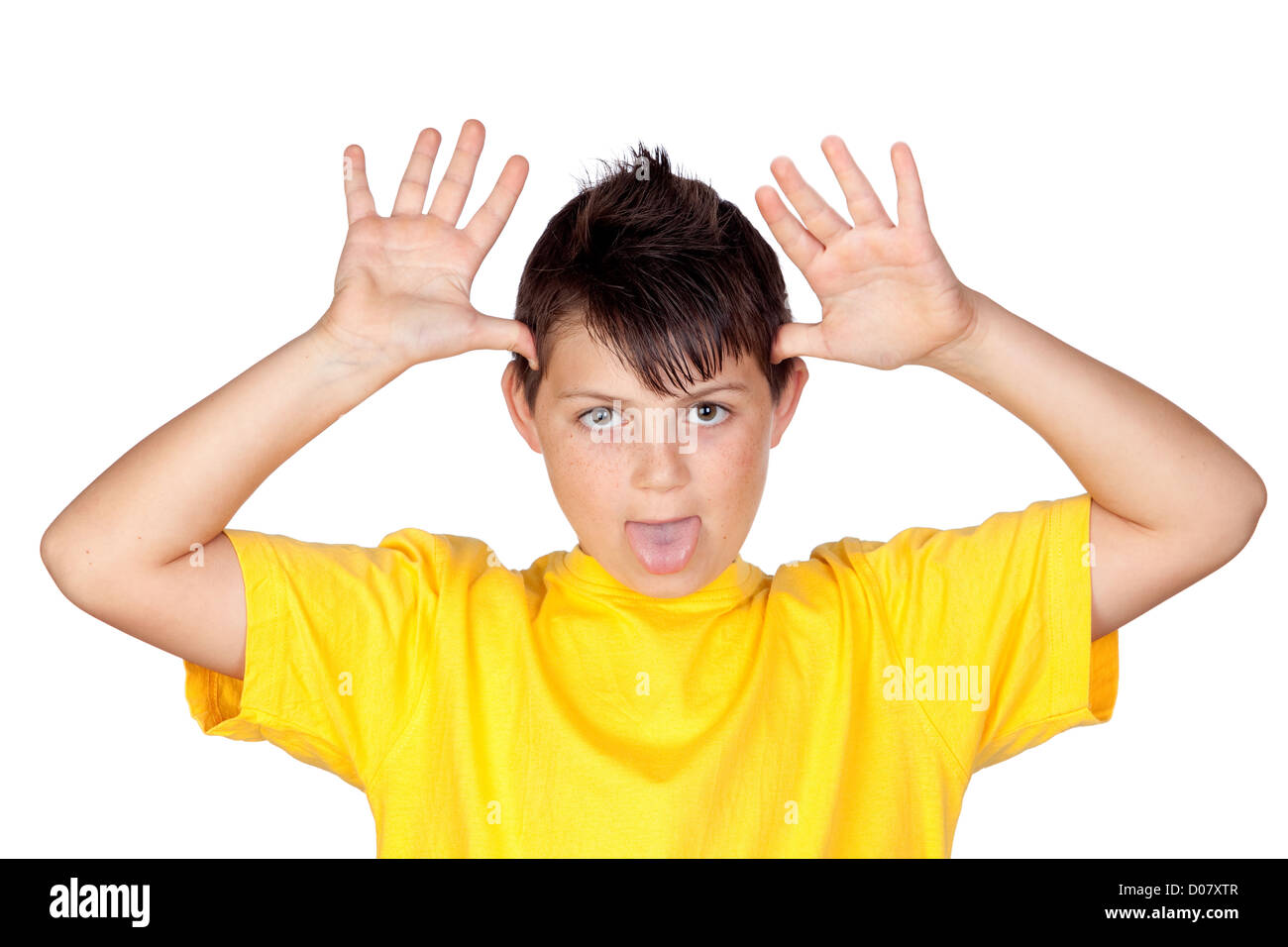 Funny child with yellow t-shirt mocking isolated on white background ...