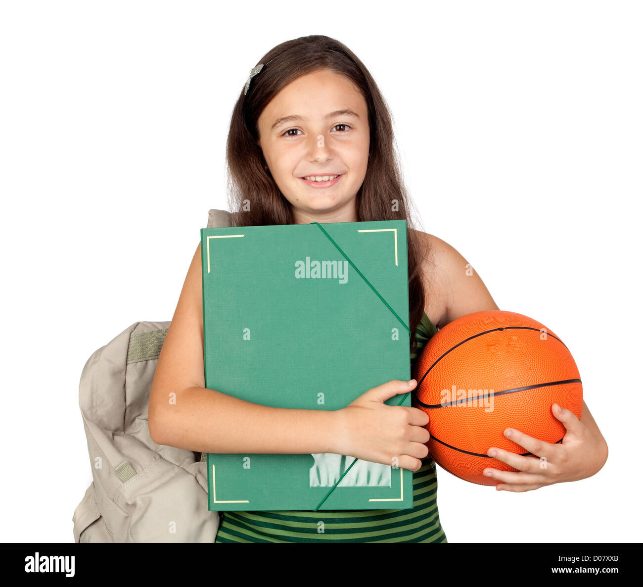 Student girl with folder, backpack and basketball isolated over white ...