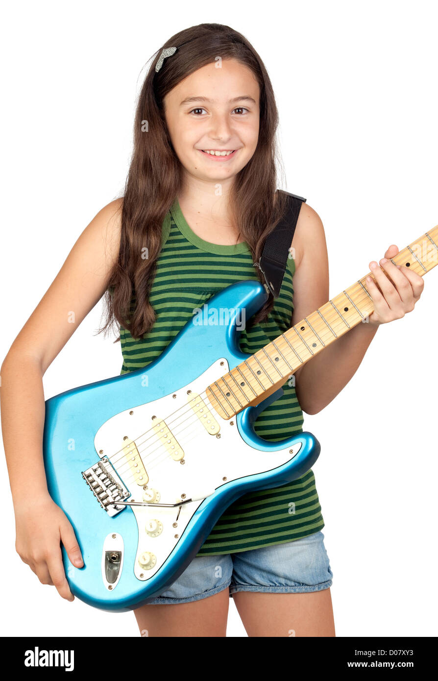Adorable girl whit electric guitar on a over white background Stock ...