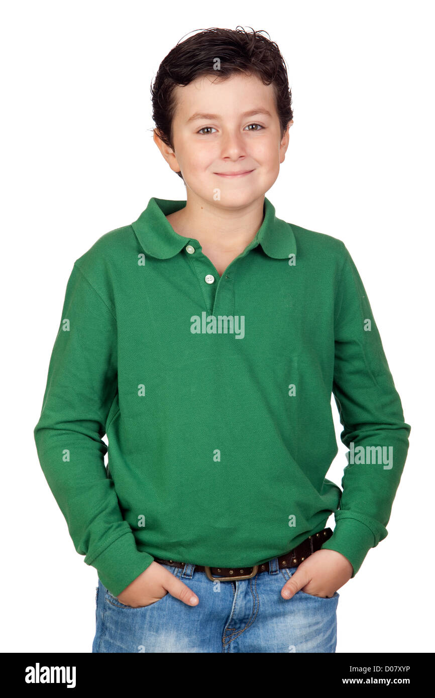 Beautiful boy dressed in green isolated on a over white background ...