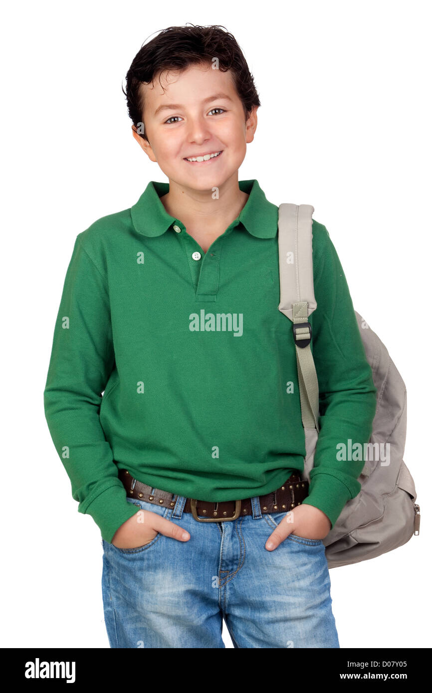 Adorable student dressed in green isolated on a over white background ...