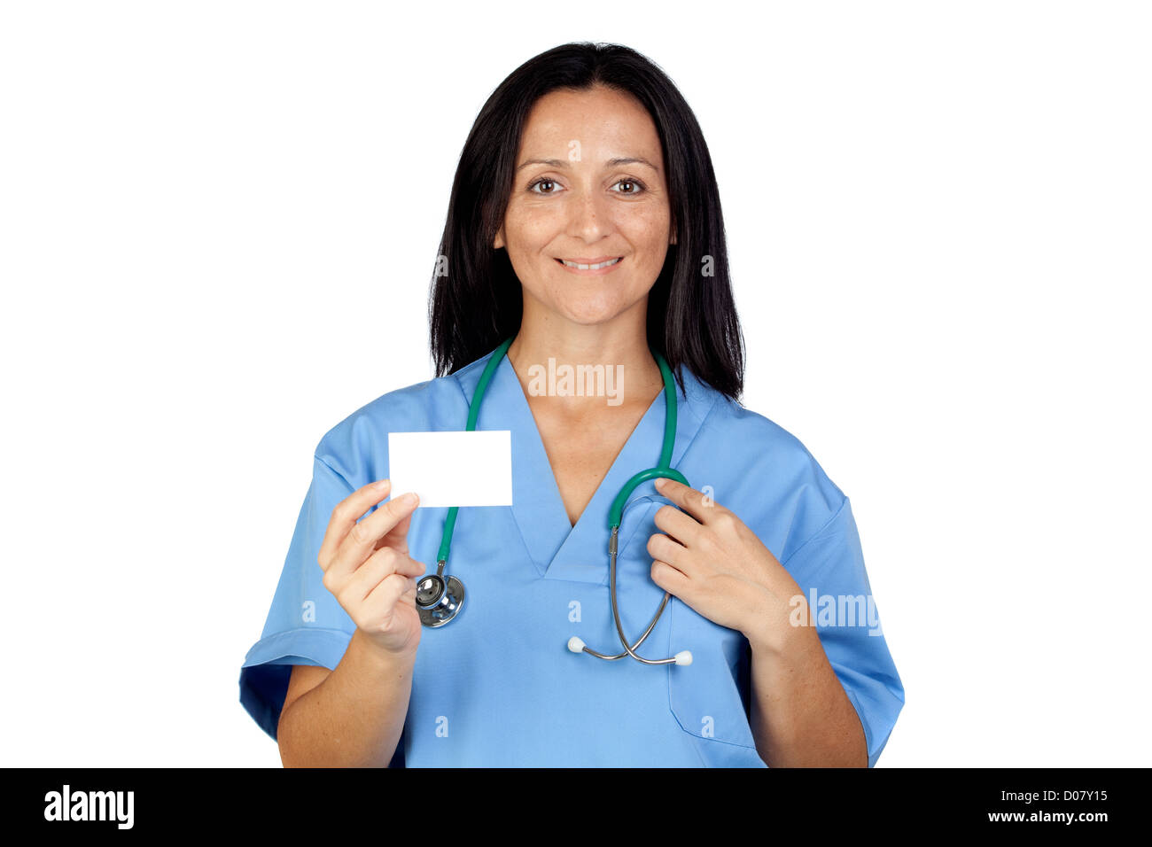 Brunette doctor with a blank card isolated on white background Stock ...