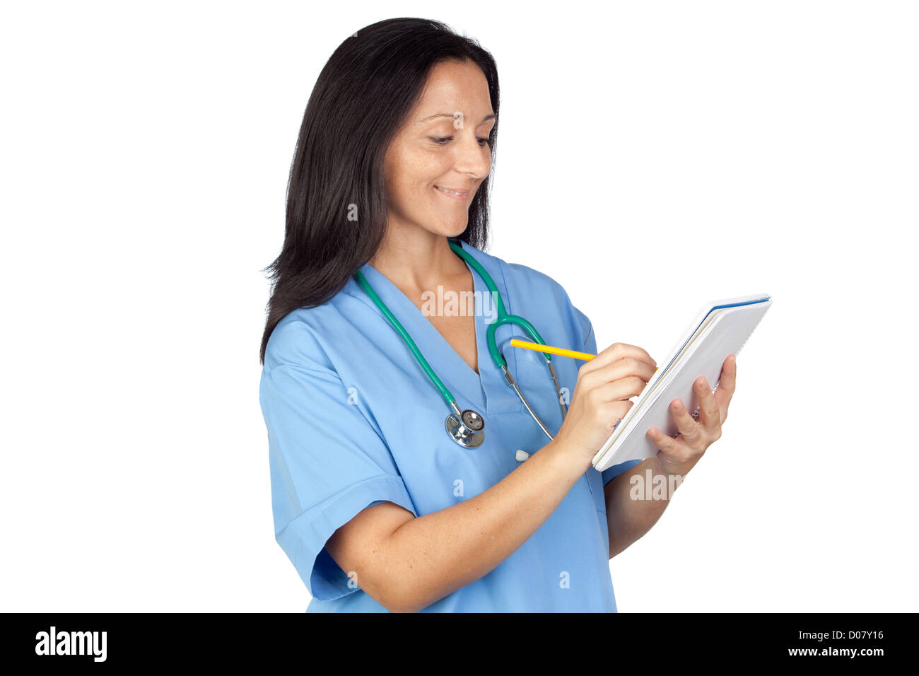 Brunette woman doctor noting isolated on white background Stock Photo ...