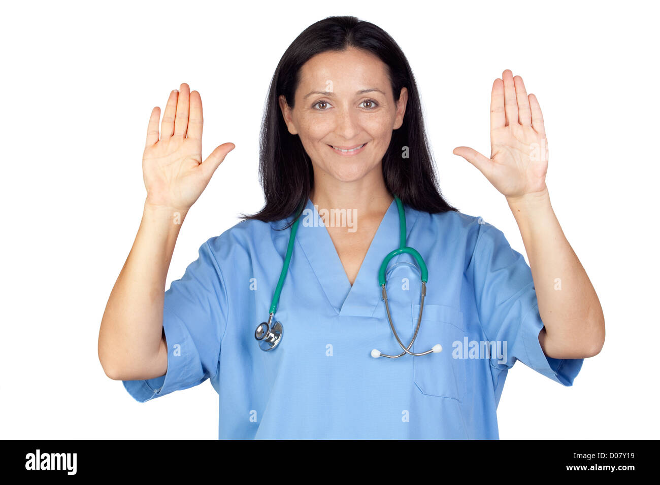 Brunette woman doctor showing her hands isolated on white background ...