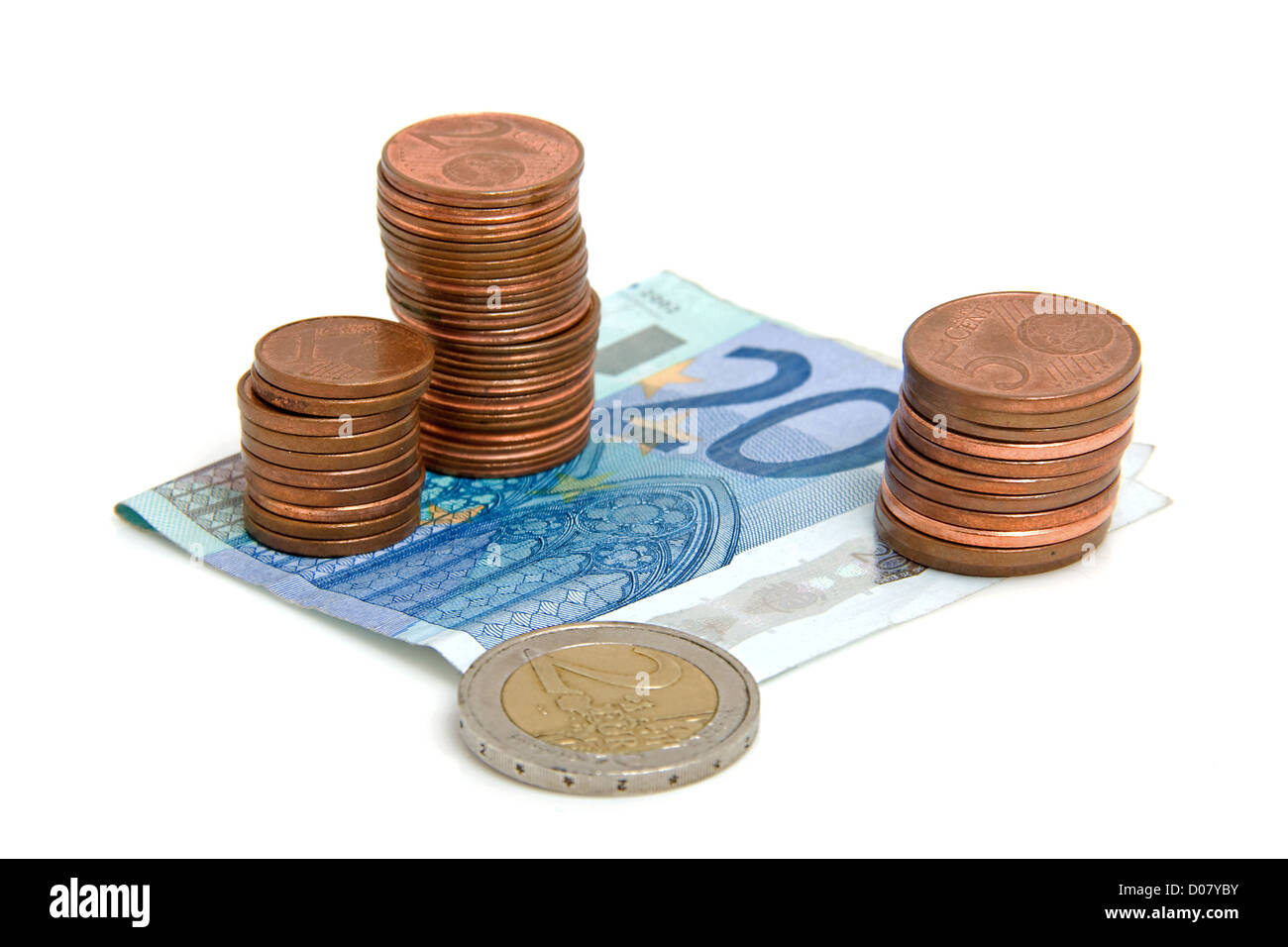 Euro money: stack of coins and paper over white background Stock Photo ...