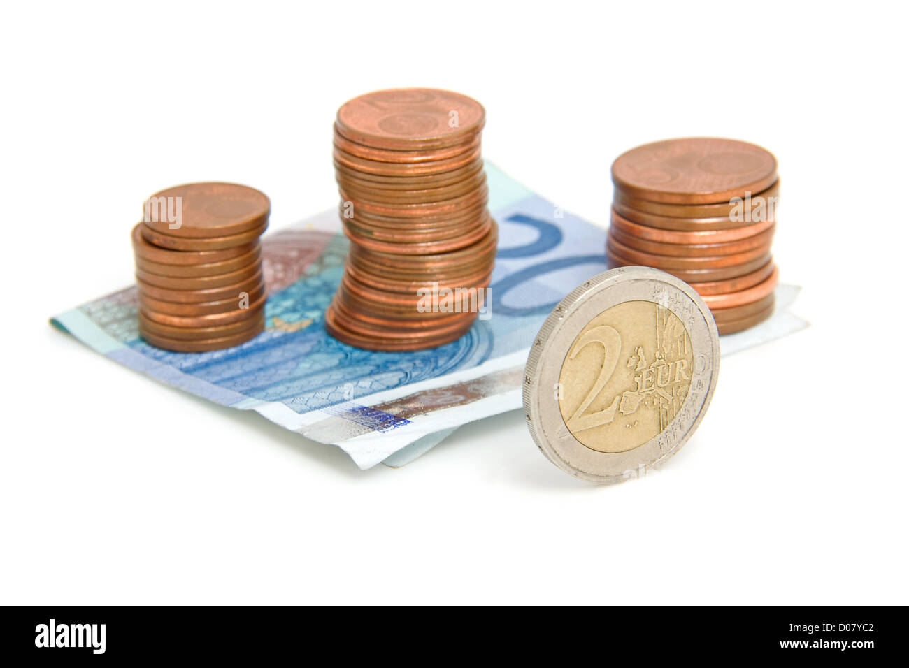 Euro money: stack of coins and paper over white background Stock Photo ...
