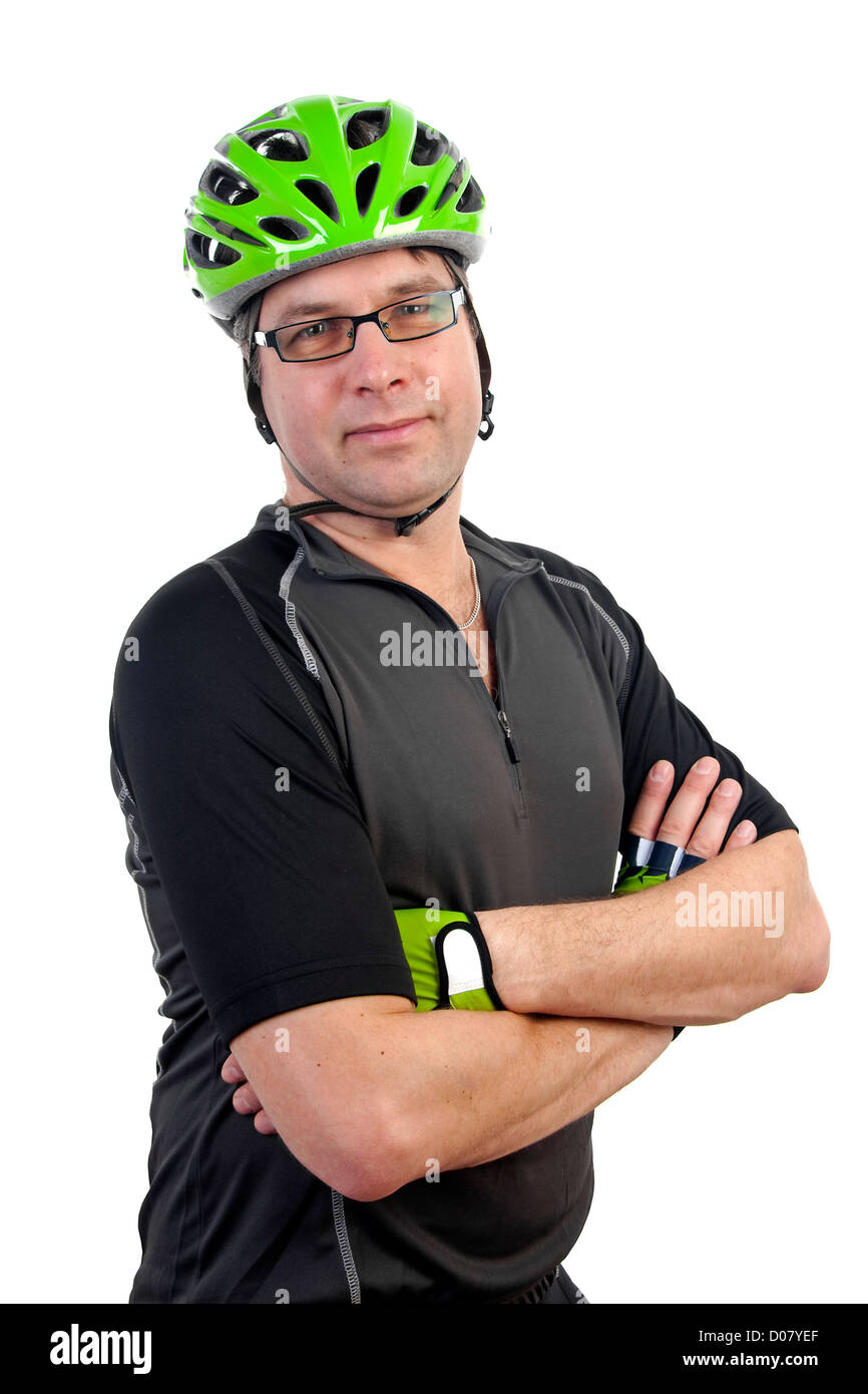 Cyclist in closeup posing over white background Stock Photo - Alamy