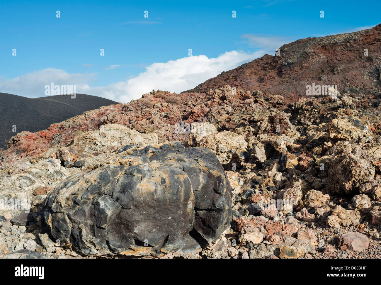 Large basaltic, volcanic bomb on the outer slopes of Teneguia Volcano ...