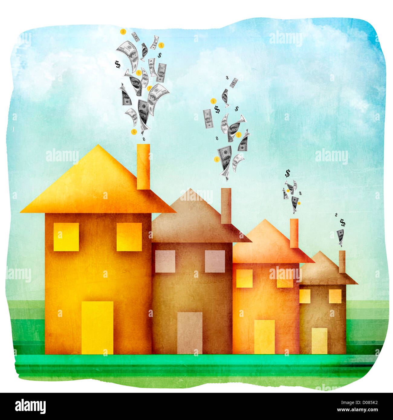 Money emerging from the chimneys of houses Stock Photo - Alamy