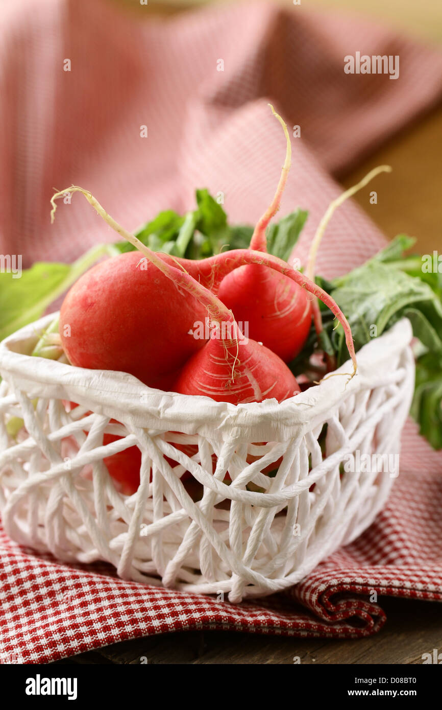 juicy organic radishes in a white basket Stock Photo - Alamy