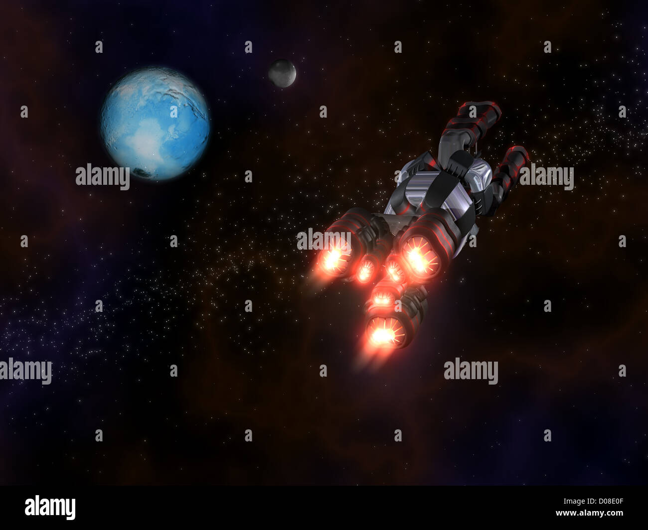 Back view of Black and Red Space Ship in Action in Space with two ...