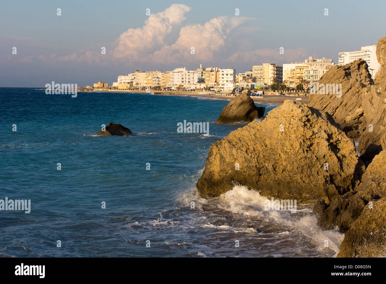 Beach and blue sea Rhodes, Rhodos, Greece hotels Stock Photo - Alamy