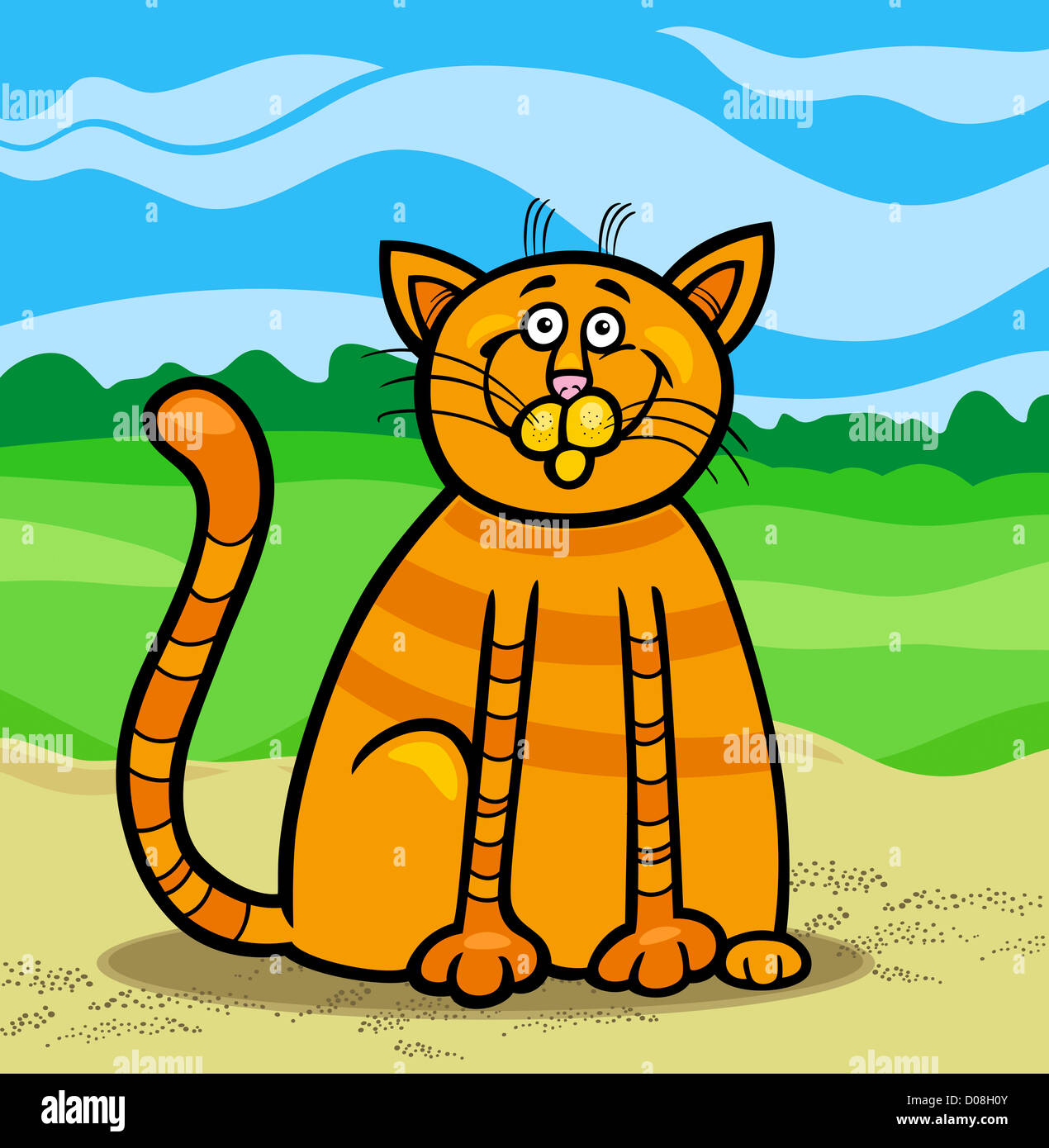 Cartoon Illustration of Happy Red Tabby Cat against Blue Sky and Fields ...