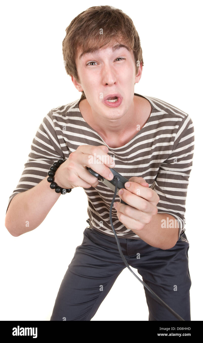 Intense teen gamer with controller over white background Stock Photo ...