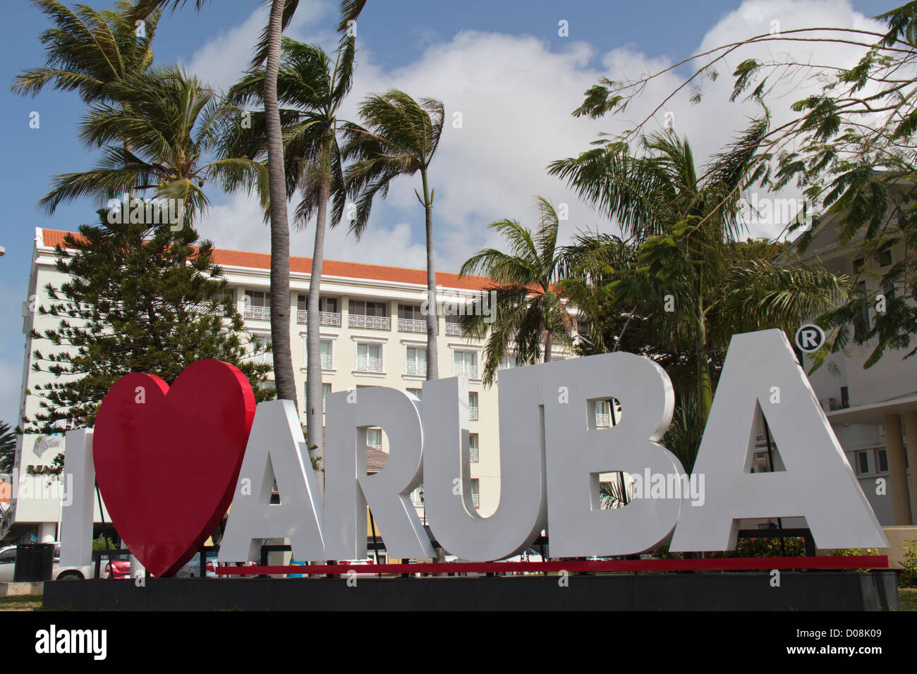 I ♥ Aruba sign along roadside entering downtown downtown Oranjestad ...