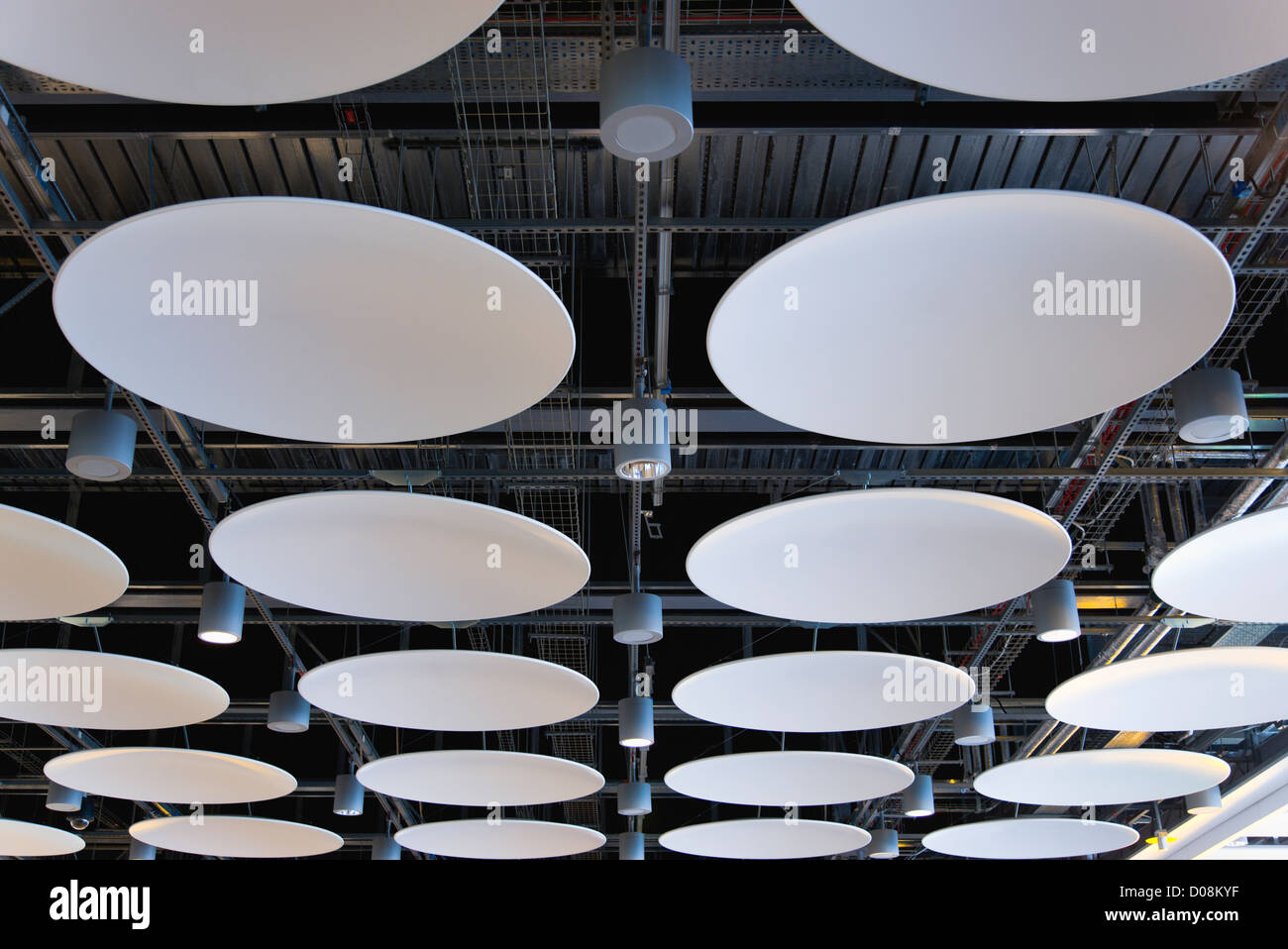 England, London, Heathrow Airport Terminal 5 disc ceiling in departures ...