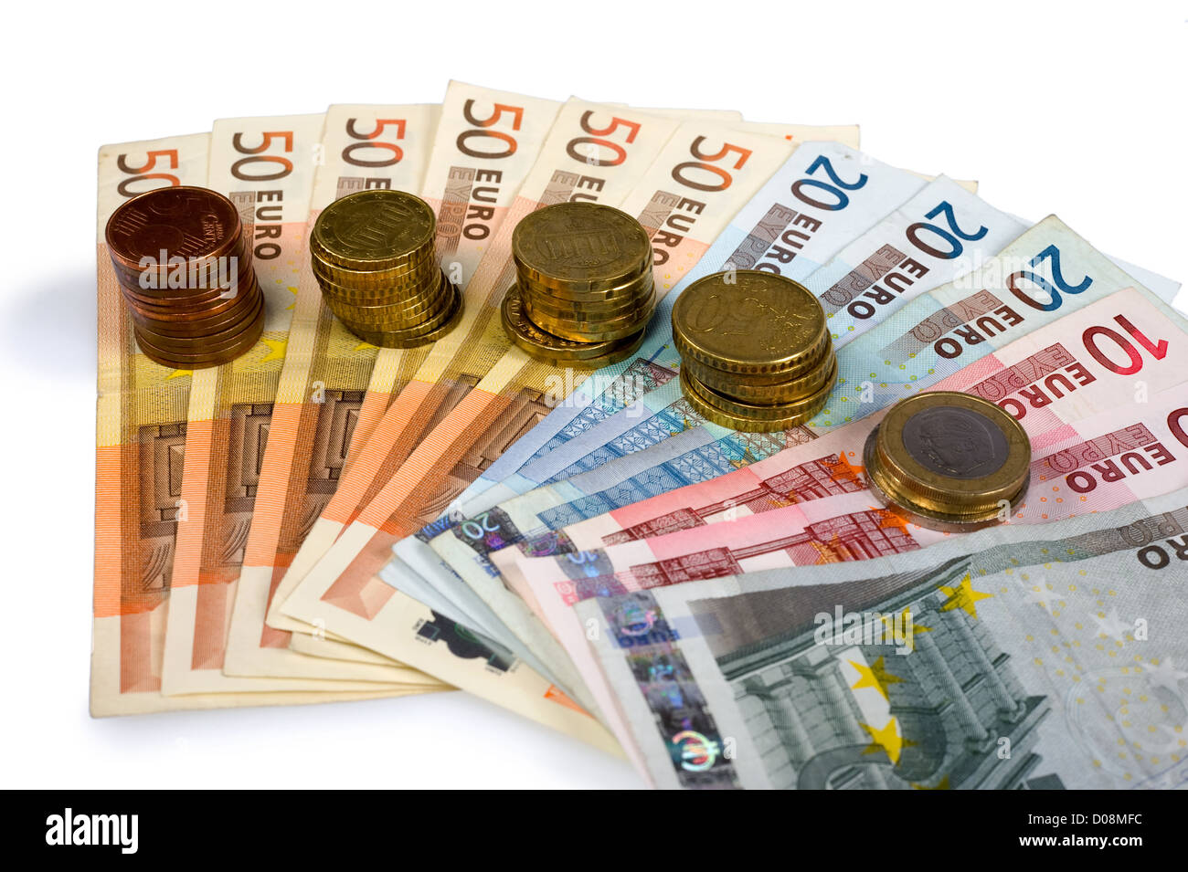 Different currency of paper euro money and coins Stock Photo - Alamy