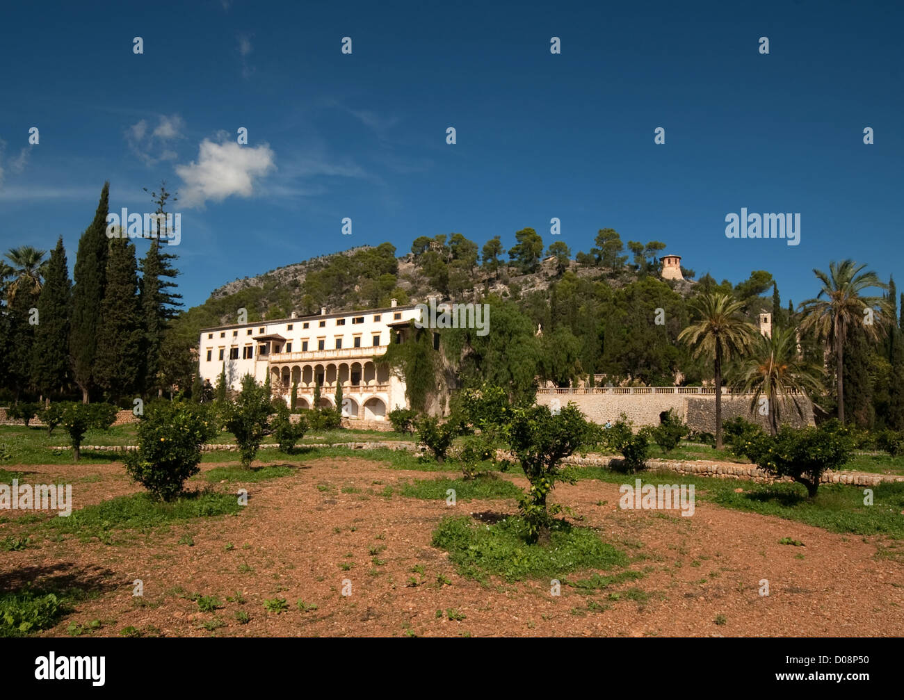 La Raixa country estate, historic manor, inner courtyard with well ...