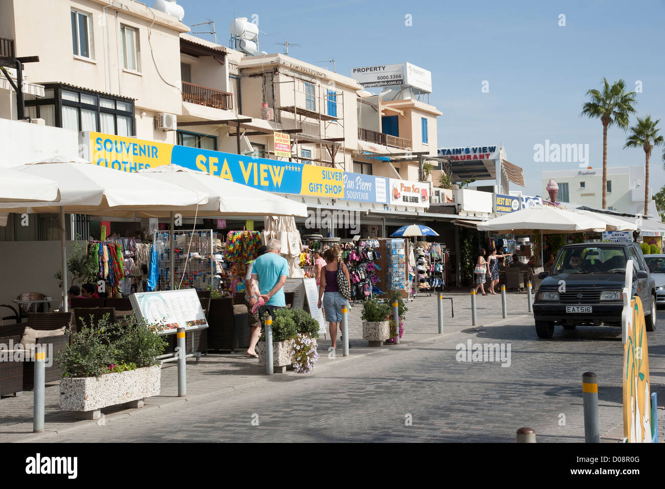 Shops on the seafront in the Cypriot holiday resort of Paphos Cyprus ...