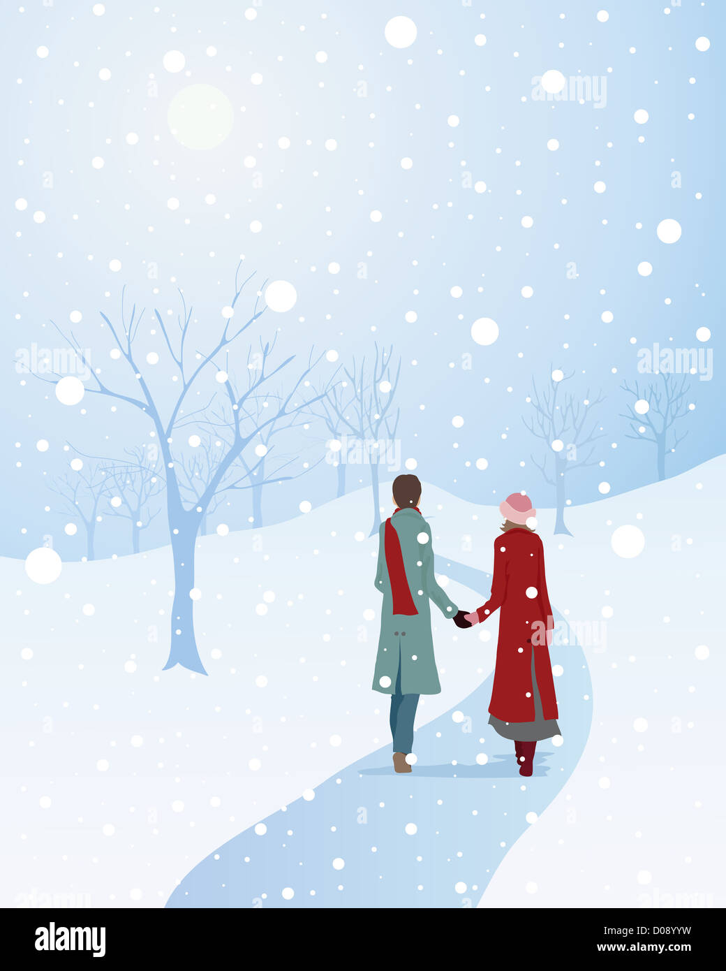 an illustration of a winter scene with a warmly dressed couple walking ...