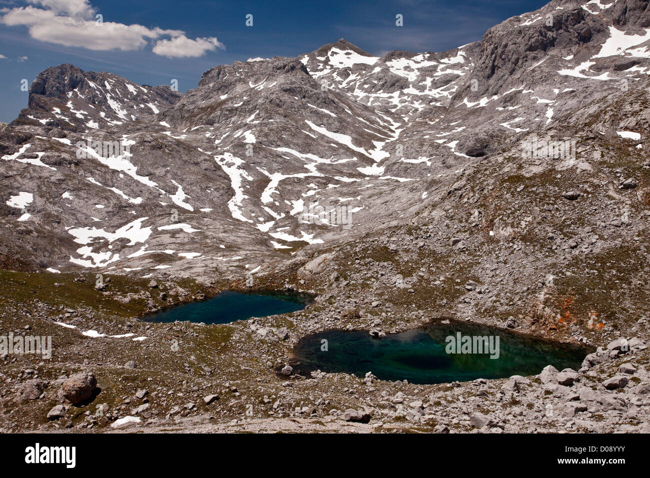 Alpine lakes in high cirque above Fuente De, in spring, Picos de Europa ...