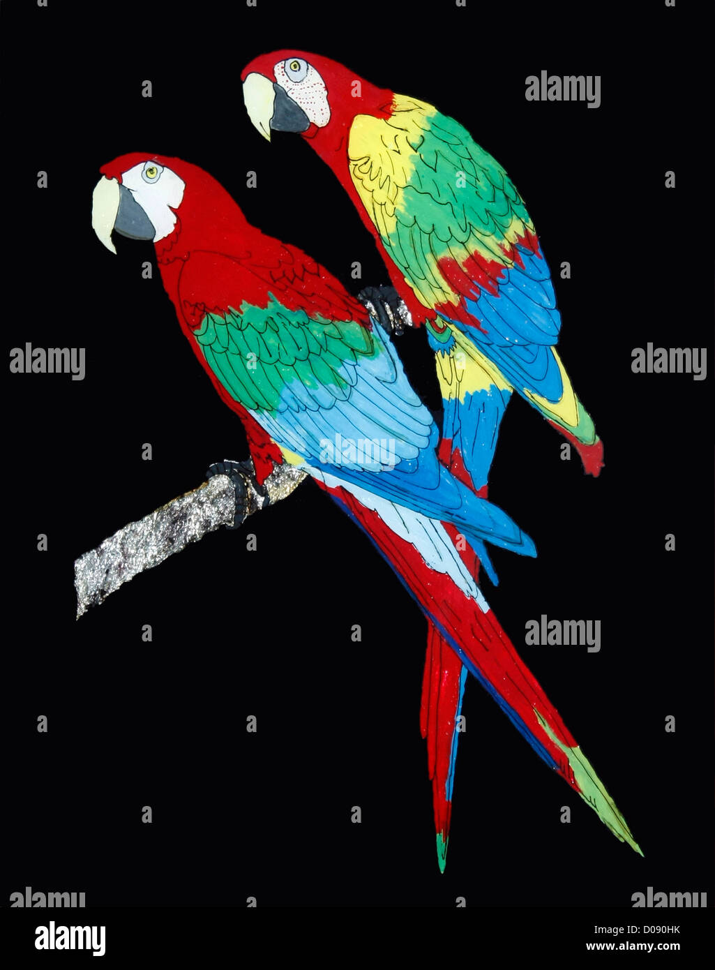 Two parrots sitting on a tree branch - a handicraft image design Stock ...