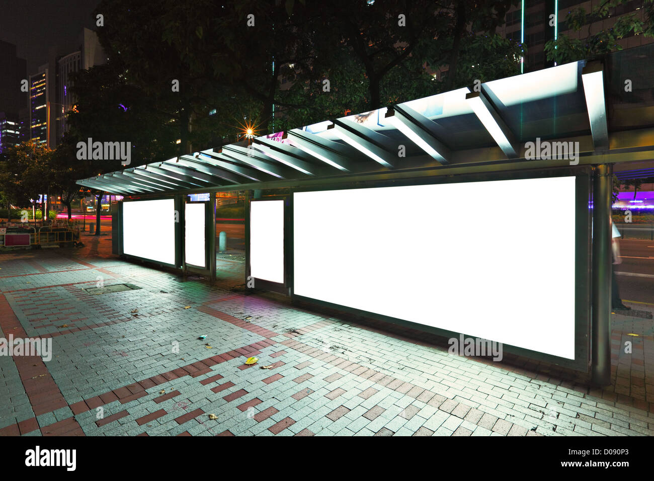 Blank billboard on bus stop at night Stock Photo - Alamy