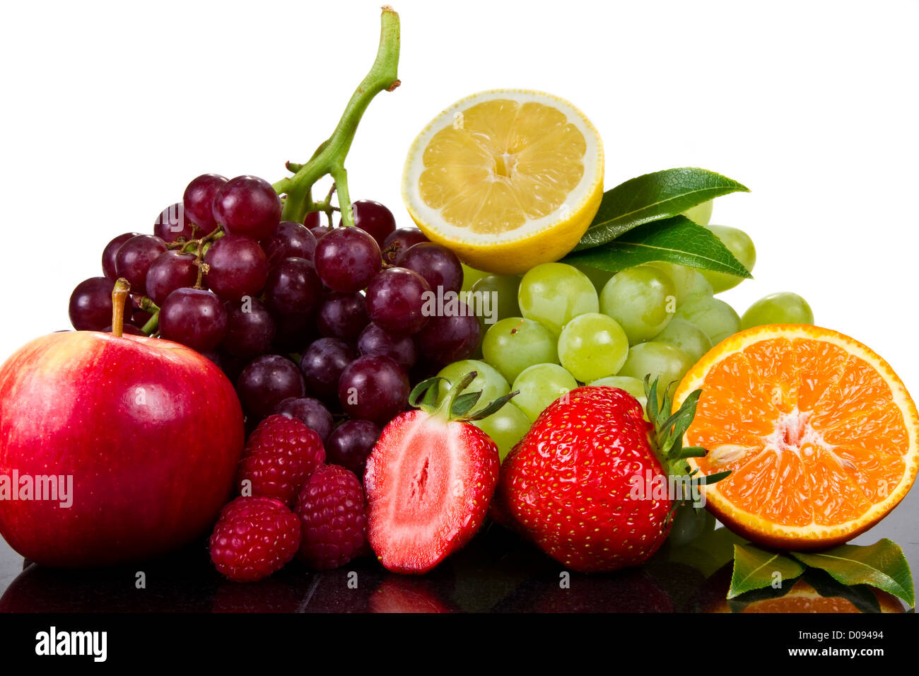 Fresh fruits in reflection isolated over white Stock Photo - Alamy