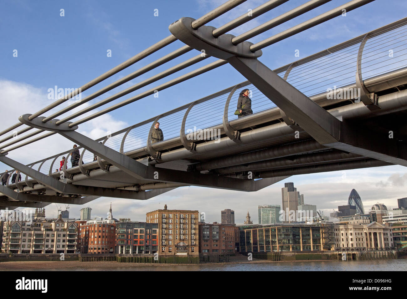 PEDESTRIANS CROSSING MILLENIUM BRIDGE CITY IN BACKGROUND BRIDGE LINKING ...