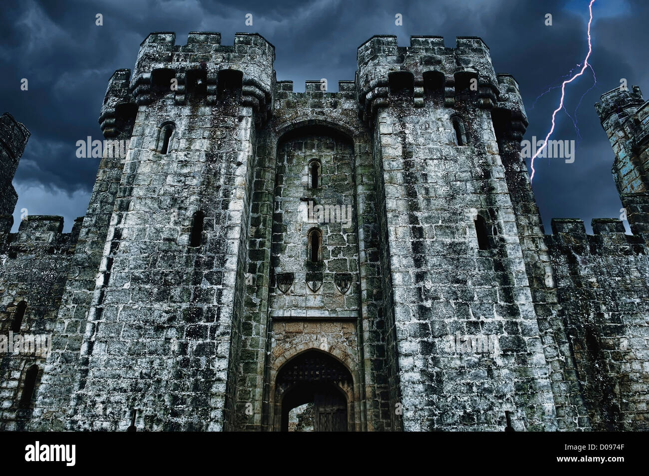 A medieval moated 14th century stone built castle, a fortified building ...